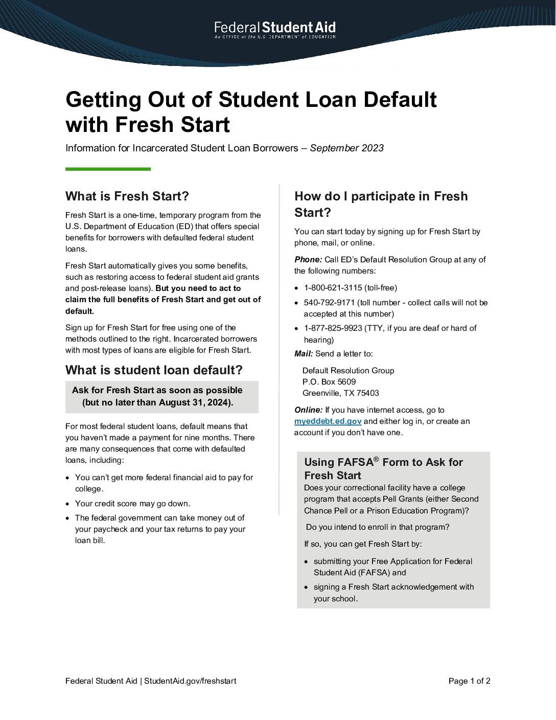 Getting out of Student Loan Default with Fresh Start | U.S Department ...