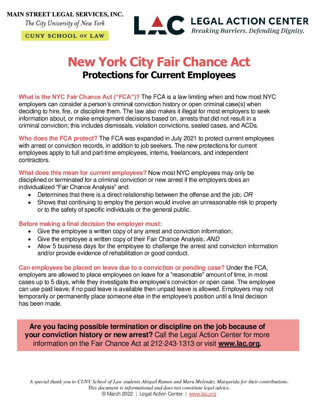 New York City Fair Chance Act Protections for Current Employees | Legal ...
